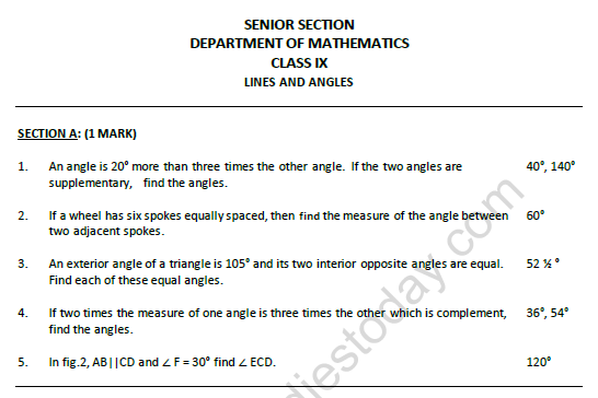 CBSE Class 9 Mathematics Lines and Angles Worksheet Set B